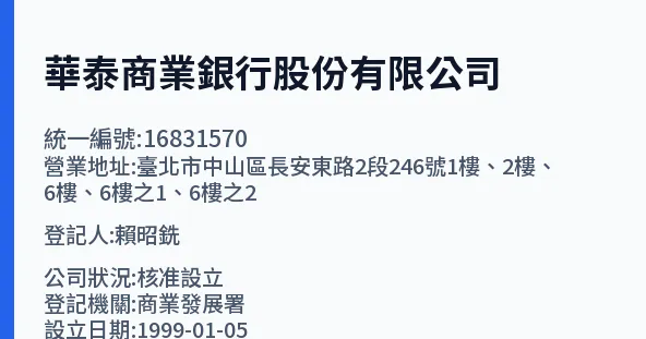 華泰商業銀行股份有限公司的照片-統編 16831570(臺北市) 公司登記資料與營業項目詳細圖表