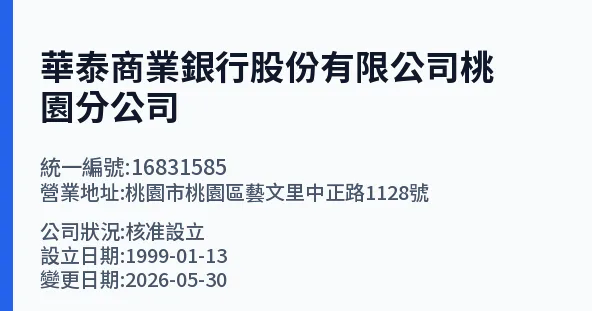華泰商業銀行股份有限公司桃園分公司的照片-統編 16831585(桃園市) 公司登記資料與營業項目詳細圖表