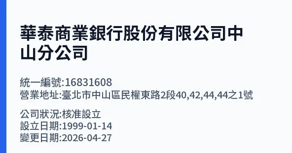 華泰商業銀行股份有限公司中山分公司的照片-統編 16831608(臺北市) 公司登記資料與營業項目詳細圖表