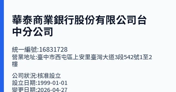 華泰商業銀行股份有限公司台中分公司的照片-統編 16831728(臺中市) 公司登記資料與營業項目詳細圖表