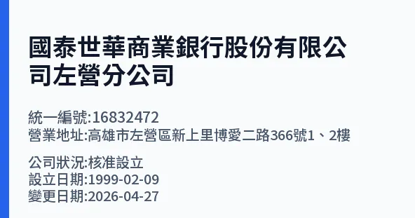 國泰世華商業銀行股份有限公司左營分公司的照片-統編 16832472(高雄市) 公司登記資料與營業項目詳細圖表