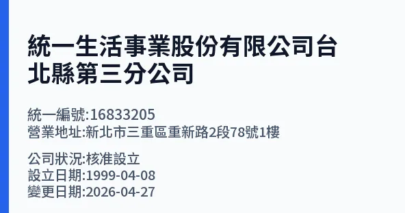 統一生活事業股份有限公司台北縣第三分公司的照片-統編 16833205(新北市) 公司登記資料與營業項目詳細圖表