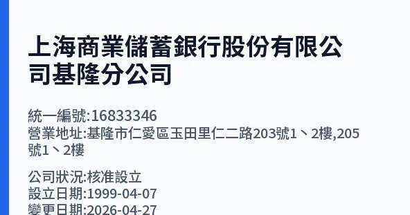 上海商業儲蓄銀行股份有限公司基隆分公司的照片-統編 16833346(基隆市) 公司登記資料與營業項目詳細圖表