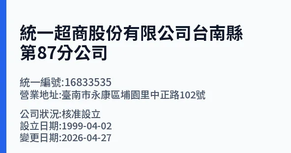 統一超商股份有限公司台南縣第87分公司的照片-統編 16833535(臺南市) 公司登記資料與營業項目詳細圖表