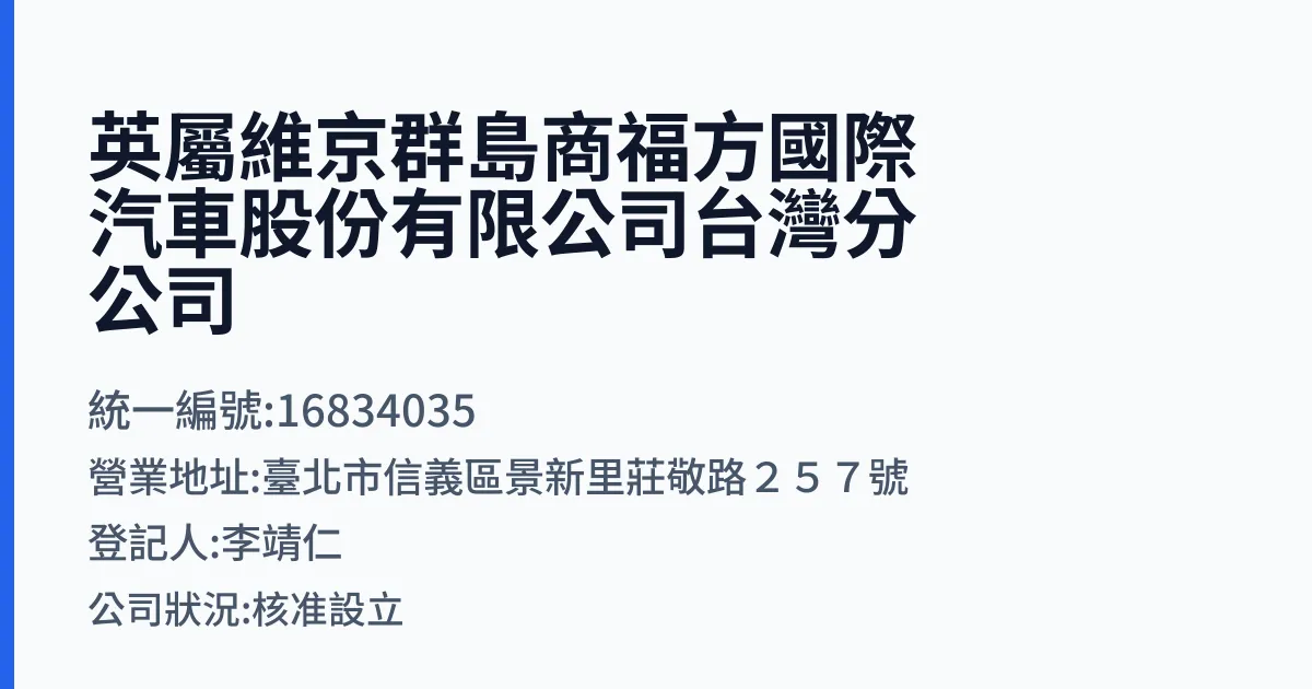 英屬維京群島商福方國際汽車股份有限公司台灣分公司 - 統編 16834035(臺北市) 公司登記資料與營業項目詳細圖表