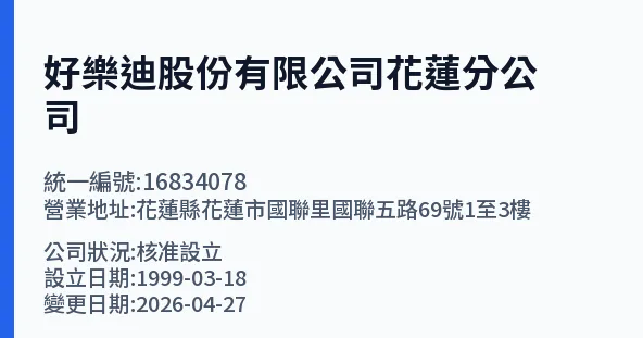 好樂迪股份有限公司花蓮分公司的照片-統編 16834078(花蓮縣) 公司登記資料與營業項目詳細圖表