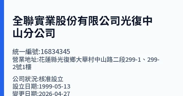 全聯實業股份有限公司光復中山分公司的照片-統編 16834345(花蓮縣) 公司登記資料與營業項目詳細圖表
