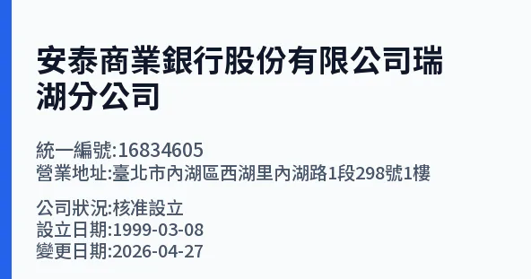 安泰商業銀行股份有限公司瑞湖分公司的照片-統編 16834605(臺北市) 公司登記資料與營業項目詳細圖表