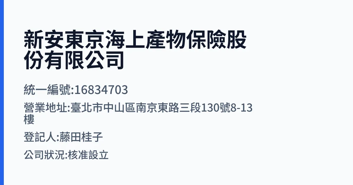 新安東京海上產物保險股份有限公司 - 統編 16834703(臺北市) 公司登記資料與營業項目詳細圖表