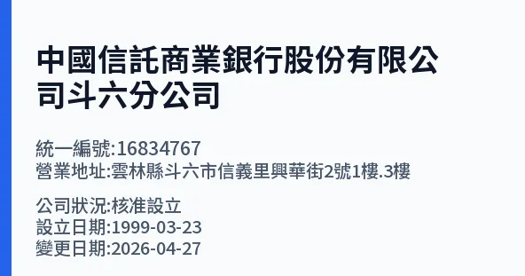 中國信託商業銀行股份有限公司斗六分公司的照片-統編 16834767(雲林縣) 公司登記資料與營業項目詳細圖表