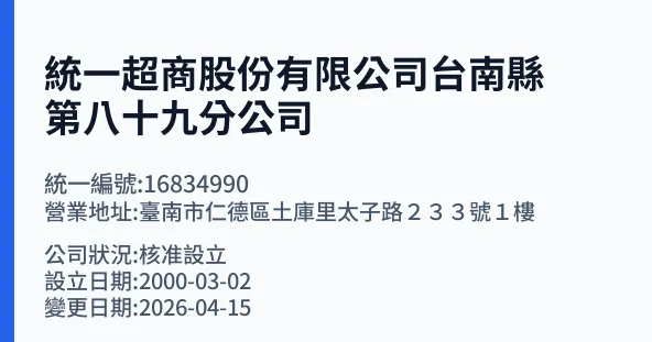 統一超商股份有限公司台南縣第八十九分公司的照片-統編 16834990(臺南市) 公司登記資料與營業項目詳細圖表