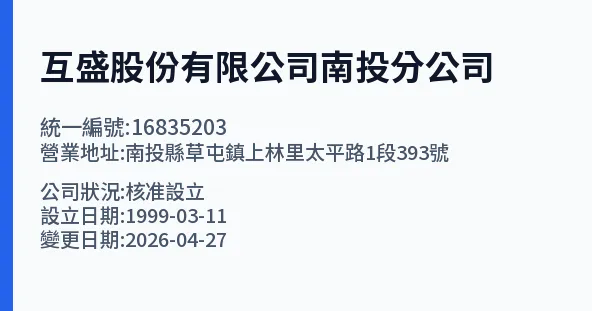 互盛股份有限公司南投分公司的照片-統編 16835203(南投縣) 公司登記資料與營業項目詳細圖表
