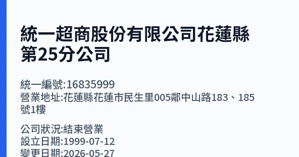統一超商股份有限公司花蓮縣第25分公司的照片-統編 16835999(花蓮縣) 公司登記資料與營業項目詳細圖表