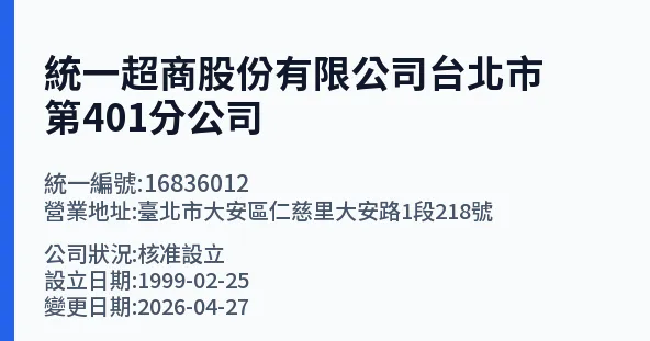 統一超商股份有限公司台北市第401分公司的照片-統編 16836012(臺北市) 公司登記資料與營業項目詳細圖表