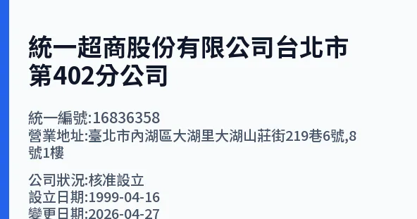 統一超商股份有限公司台北市第402分公司的照片-統編 16836358(臺北市) 公司登記資料與營業項目詳細圖表