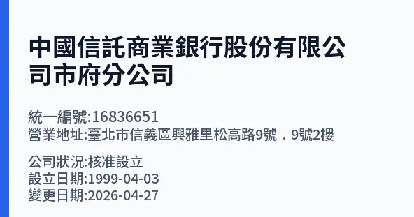 中國信託商業銀行股份有限公司市府分公司的照片-統編 16836651(臺北市) 公司登記資料與營業項目詳細圖表