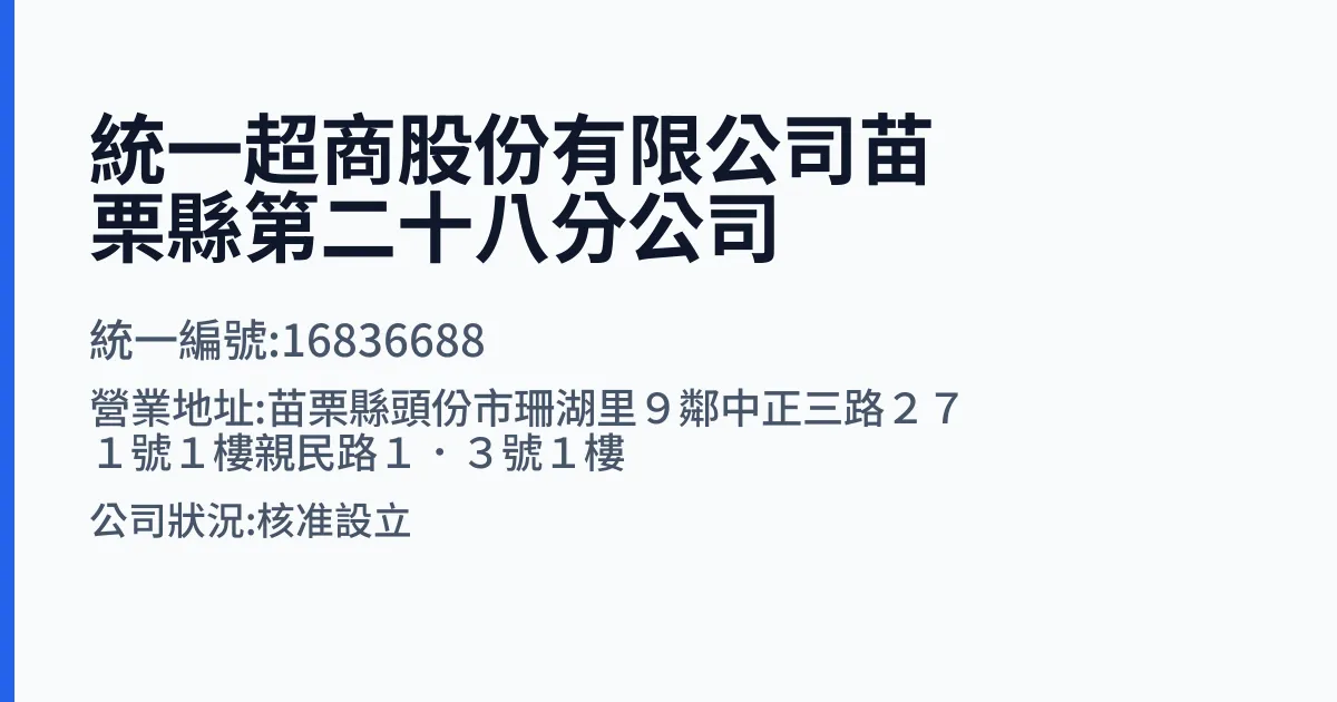 統一超商股份有限公司苗栗縣第二十八分公司 - 統編 16836688(苗栗縣) 公司登記資料與營業項目詳細圖表