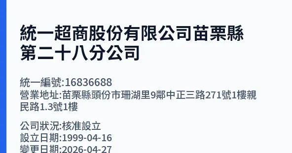 統一超商股份有限公司苗栗縣第二十八分公司的照片-統編 16836688(苗栗縣) 公司登記資料與營業項目詳細圖表