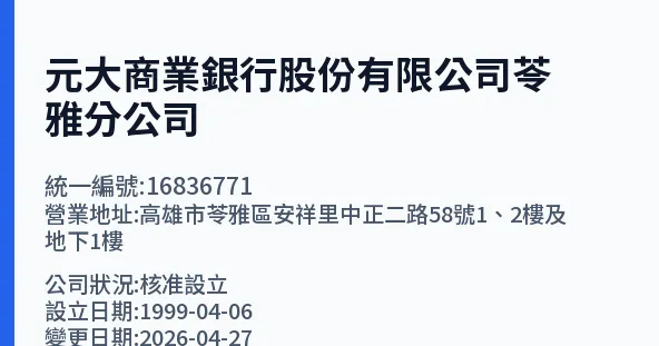 元大商業銀行股份有限公司苓雅分公司的照片-統編 16836771(高雄市) 公司登記資料與營業項目詳細圖表