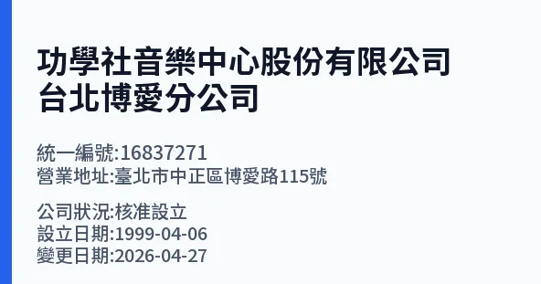 功學社音樂中心股份有限公司台北博愛分公司的照片-統編 16837271(臺北市) 公司登記資料與營業項目詳細圖表