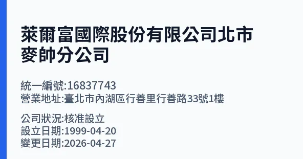 萊爾富國際股份有限公司北市麥帥分公司的照片-統編 16837743(臺北市) 公司登記資料與營業項目詳細圖表
