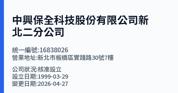 中興保全科技股份有限公司新北二分公司的照片-統編 16838026(新北市) 公司登記資料與營業項目詳細圖表