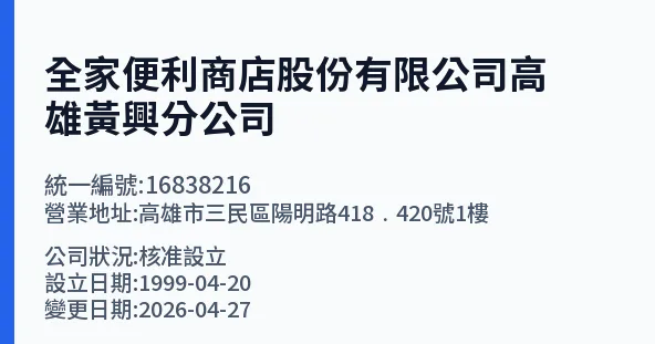 全家便利商店股份有限公司高雄黃興分公司的照片-統編 16838216(高雄市) 公司登記資料與營業項目詳細圖表
