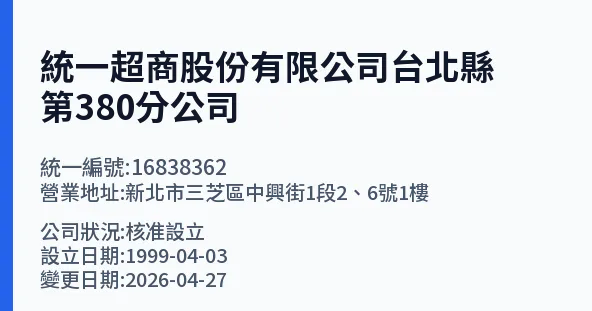 統一超商股份有限公司台北縣第380分公司的照片-統編 16838362(新北市) 公司登記資料與營業項目詳細圖表