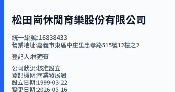 松田崗休閒育樂股份有限公司的照片-統編 16838433(嘉義市) 公司登記資料與營業項目詳細圖表