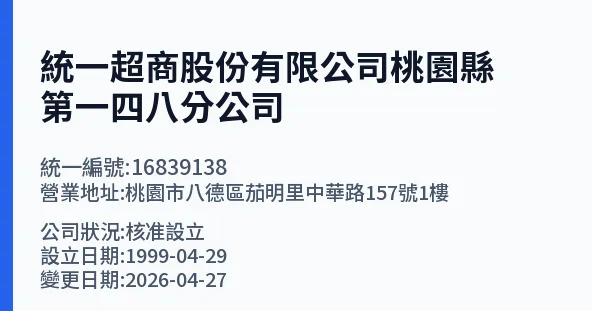 統一超商股份有限公司桃園縣第一四八分公司的照片-統編 16839138(桃園市) 公司登記資料與營業項目詳細圖表