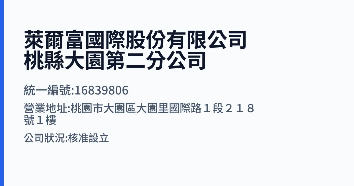 萊爾富國際股份有限公司桃縣大園第二分公司 - 統編 16839806(桃園市) 公司登記資料與營業項目詳細圖表