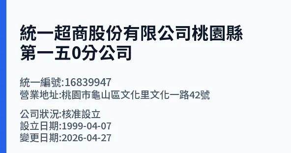 統一超商股份有限公司桃園縣第一五0分公司的照片-統編 16839947(桃園市) 公司登記資料與營業項目詳細圖表