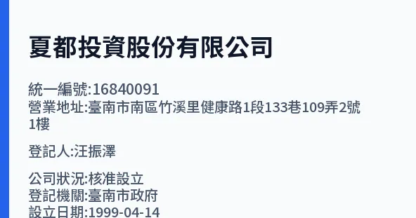 夏都投資股份有限公司的照片-統編 16840091(臺南市) 公司登記資料與營業項目詳細圖表