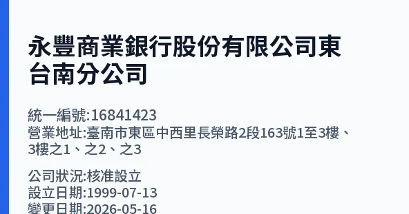 永豐商業銀行股份有限公司東台南分公司的照片-統編 16841423(臺南市) 公司登記資料與營業項目詳細圖表