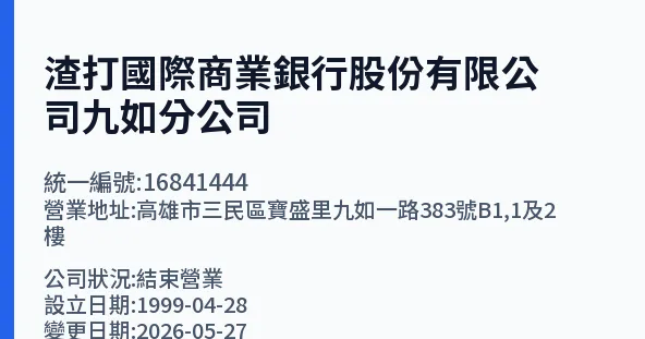 渣打國際商業銀行股份有限公司九如分公司的照片-統編 16841444(高雄市) 公司登記資料與營業項目詳細圖表