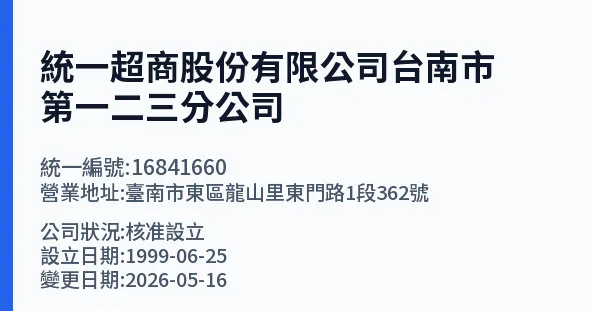 統一超商股份有限公司台南市第一二三分公司的照片-統編 16841660(臺南市) 公司登記資料與營業項目詳細圖表