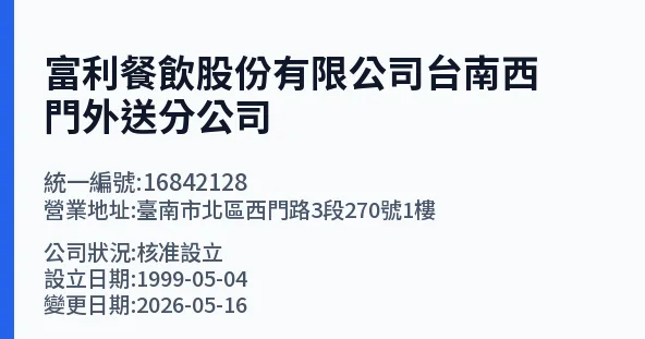 富利餐飲股份有限公司台南西門外送分公司的照片-統編 16842128(臺南市) 公司登記資料與營業項目詳細圖表