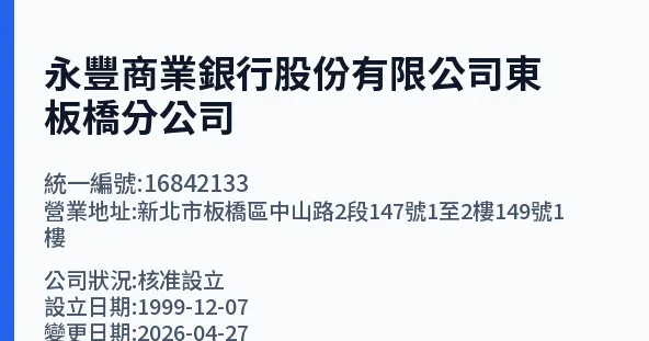 永豐商業銀行股份有限公司東板橋分公司的照片-統編 16842133(新北市) 公司登記資料與營業項目詳細圖表
