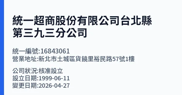 統一超商股份有限公司台北縣第三九三分公司的照片-統編 16843061(新北市) 公司登記資料與營業項目詳細圖表