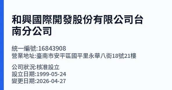 和興國際開發股份有限公司台南分公司的照片-統編 16843908(臺南市) 公司登記資料與營業項目詳細圖表