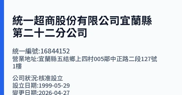 統一超商股份有限公司宜蘭縣第二十二分公司的照片-統編 16844152(宜蘭縣) 公司登記資料與營業項目詳細圖表