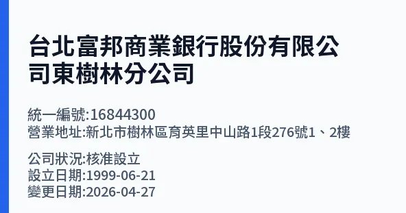 台北富邦商業銀行股份有限公司東樹林分公司的照片-統編 16844300(新北市) 公司登記資料與營業項目詳細圖表