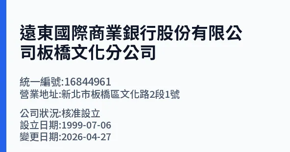 遠東國際商業銀行股份有限公司板橋文化分公司的照片-統編 16844961(新北市) 公司登記資料與營業項目詳細圖表