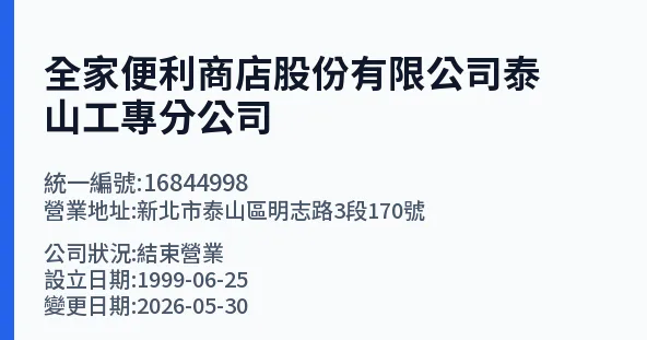 全家便利商店股份有限公司泰山工專分公司的照片-統編 16844998(新北市) 公司登記資料與營業項目詳細圖表