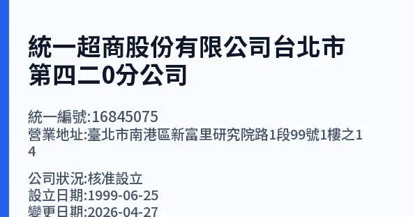 統一超商股份有限公司台北市第四二0分公司的照片-統編 16845075(臺北市) 公司登記資料與營業項目詳細圖表