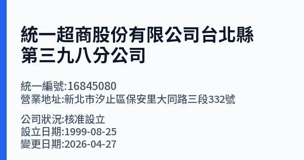 統一超商股份有限公司台北縣第三九八分公司的照片-統編 16845080(新北市) 公司登記資料與營業項目詳細圖表