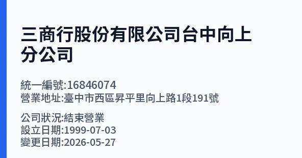 三商行股份有限公司台中向上分公司的照片-統編 16846074(臺中市) 公司登記資料與營業項目詳細圖表