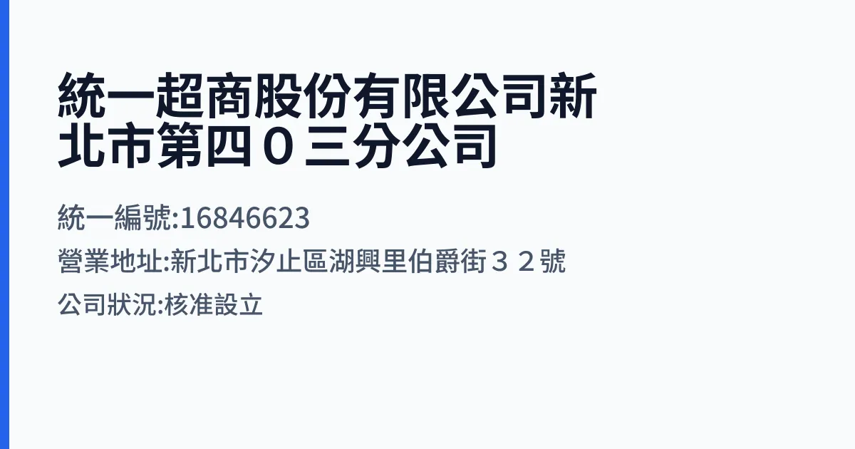統一超商股份有限公司新北市第四０三分公司 - 統編 16846623(新北市) 公司登記資料與營業項目詳細圖表