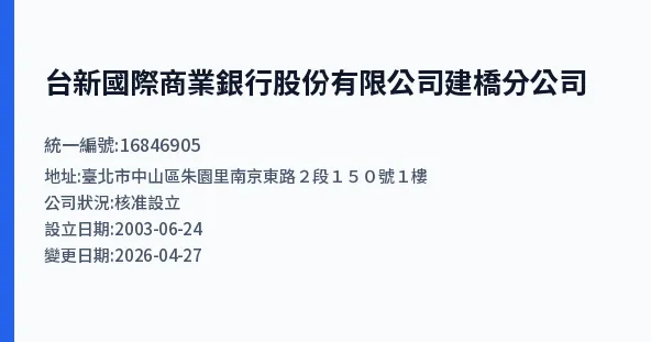 台新國際商業銀行股份有限公司建橋分公司的照片-統編 16846905(臺北市) 公司登記資料與營業項目詳細圖表