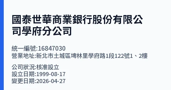 國泰世華商業銀行股份有限公司學府分公司的照片-統編 16847030(新北市) 公司登記資料與營業項目詳細圖表